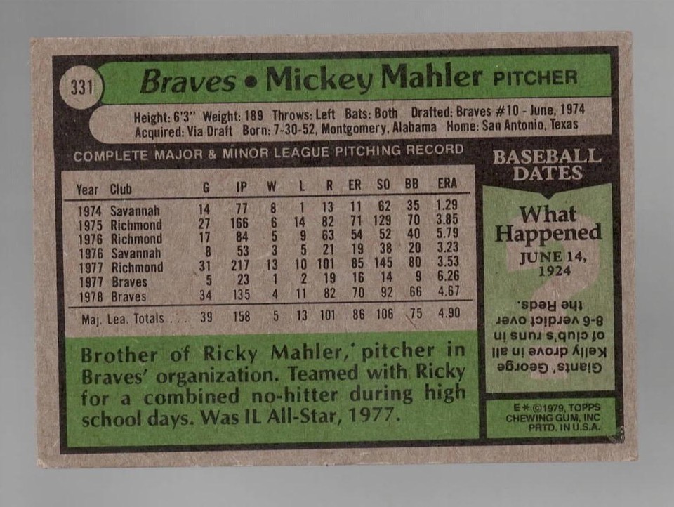 1979 Topps Mickey Mahler Atlanta Braves #331 Excellent | eBay