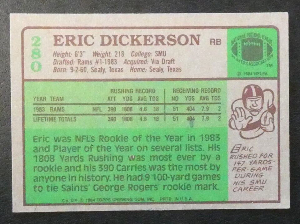 Eric Dickerson Hand Signed Autograph Rookie RC 1984 Topps #280 Football ...