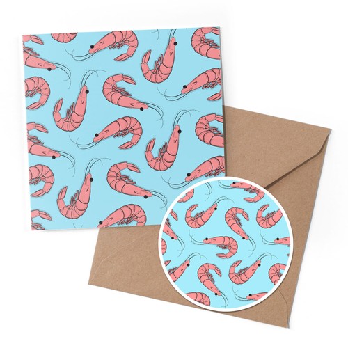 1 x Greeting Card & 10cm Sticker Set - Pink Shrimp Pattern Seafood ...