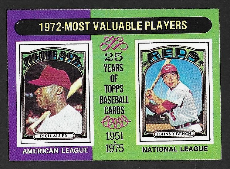 1975 Topps #210, 1972 MVP's, Johnny Bench Reds, Rich Allen White Sox ...