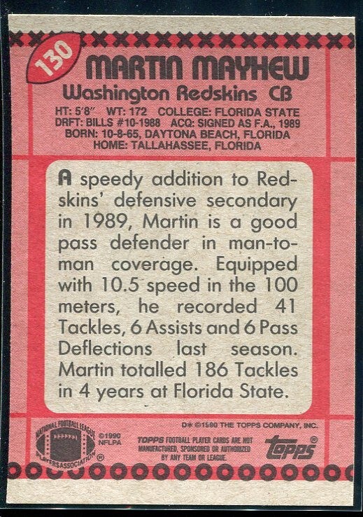 1990 Topps Football Martin Mayhew #130 Washington Commanders | eBay