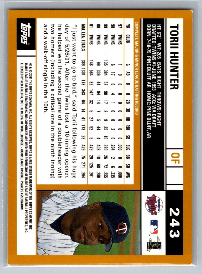 2002 Topps Limited Baseball #243 Torii Hunter Minnesota Twins | eBay