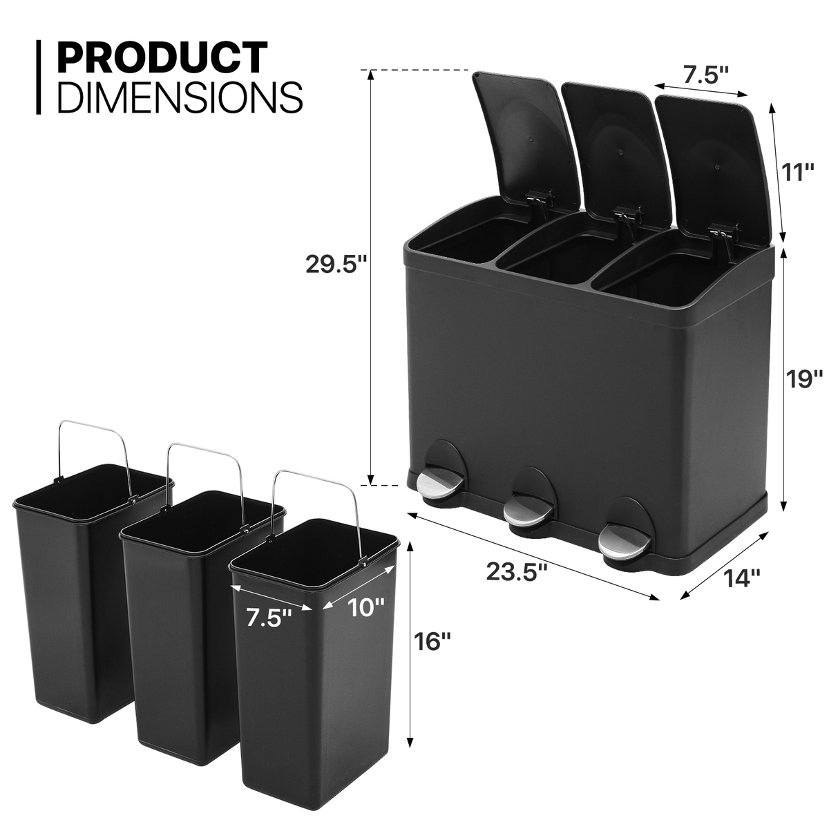 Triple Compartment Kitchen Rubbish Bin With Foot Pedal For Trash Waste