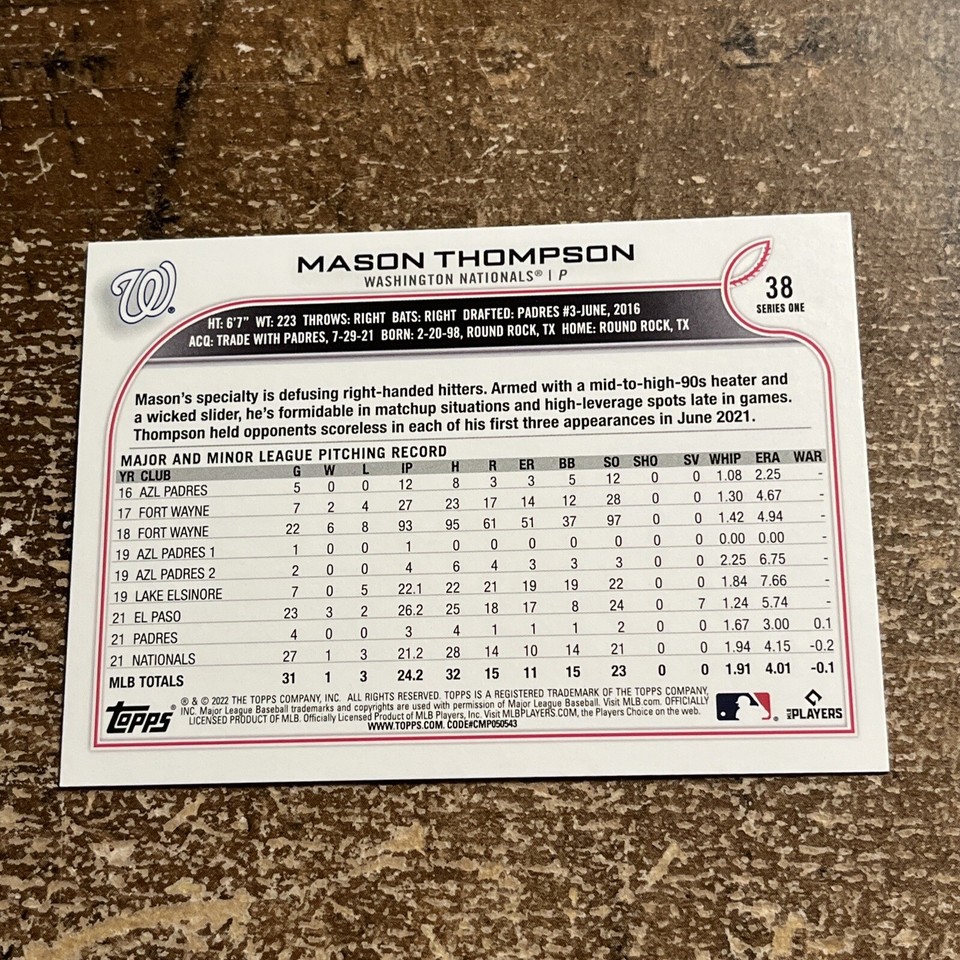 Topps 2022 Series 1 Baseball Card #38 Mason Thompson RC Nationals Blue ...