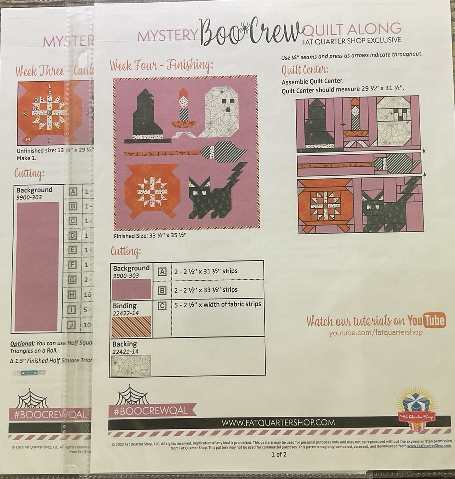 FQS~BOO CREW MYSTERY~Quilt Along~Quilt Kit~Pattern/Fabric/Backing~33.5 ...