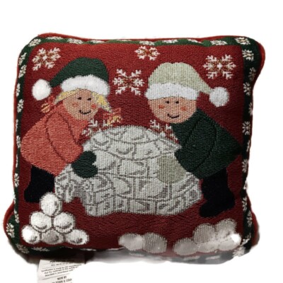 Christmas Throw Pillow Boy And Girl Building Igloo 12"x12" Red Winter ...