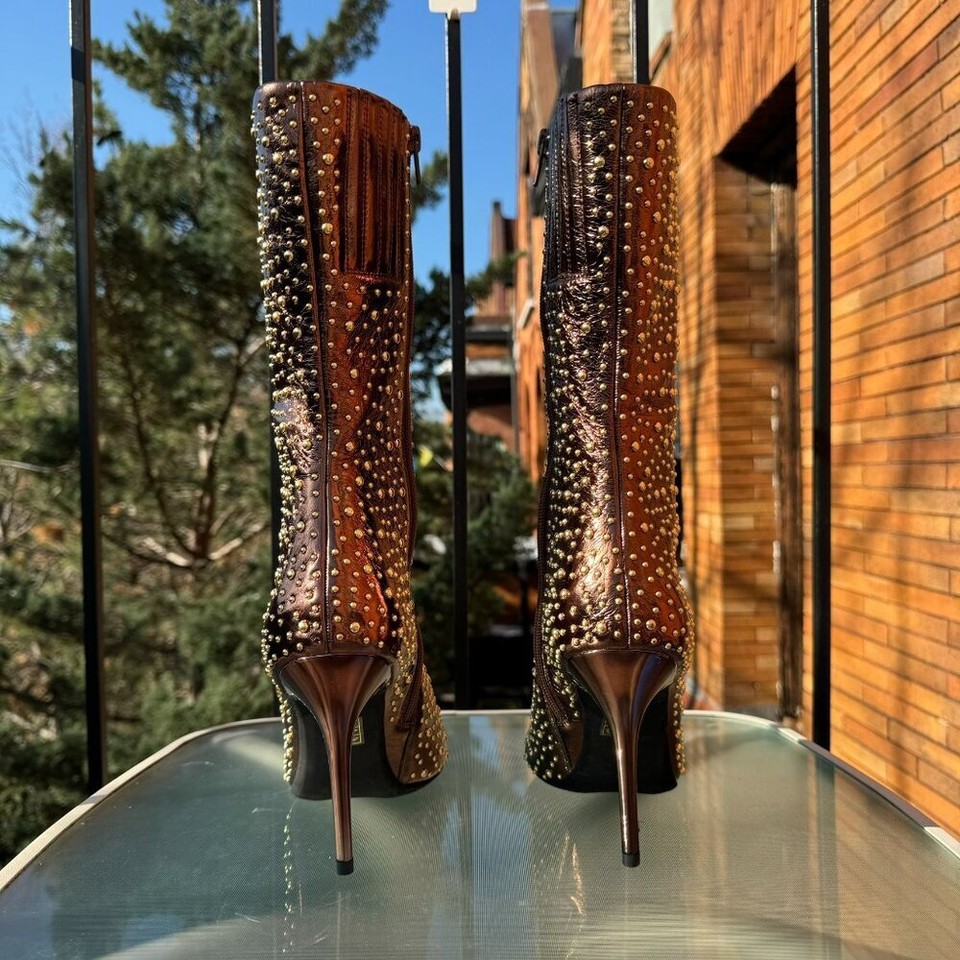 New Jeffrey Campbell Iconic Boots Shoes Gold Bronze Studded Thin Heel ...