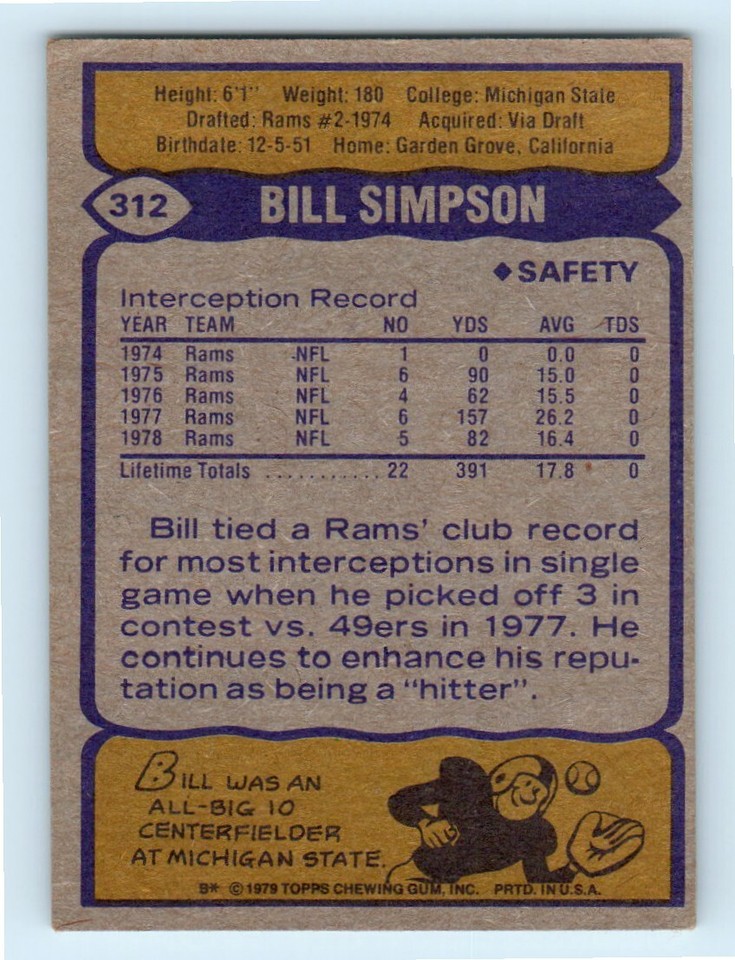 1979 Topps Bill Simpson Los Angeles Rams #312 | eBay