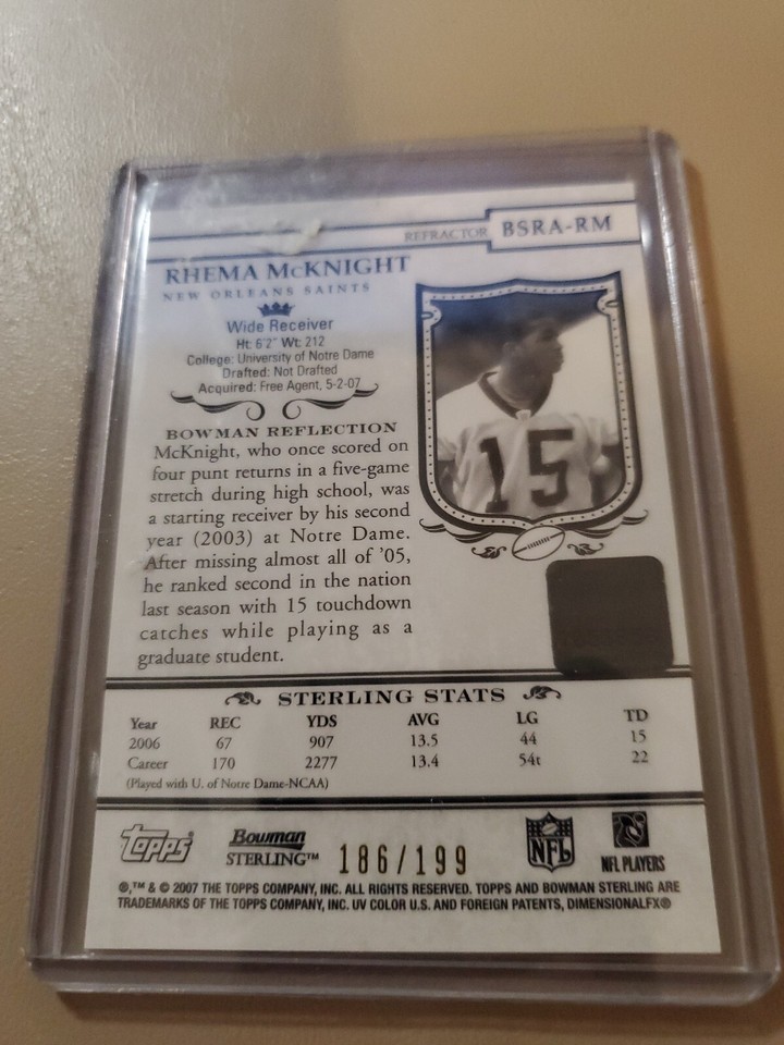 2007 RHEMA MCKNIGHT BOWMAN STERLING AUTO REFRACTOR ROOKIE CARD SAINTS ...
