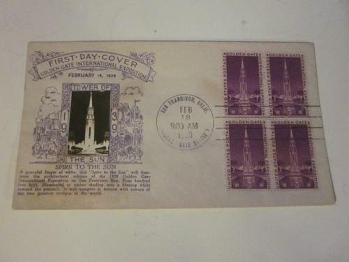 US COVER 1939 GOLDEN GATE EXPO FDC SCOTTS #852 CROSBY TOWER OF THE SUN ...