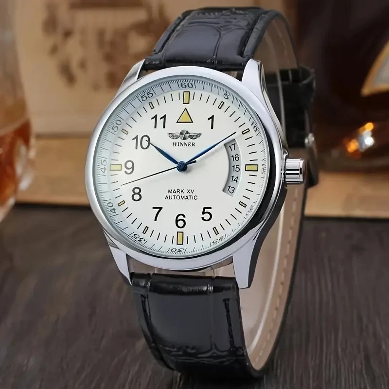 WINNER Automatic Mechanical Mens Watches Selfwind Date Leather Band ...