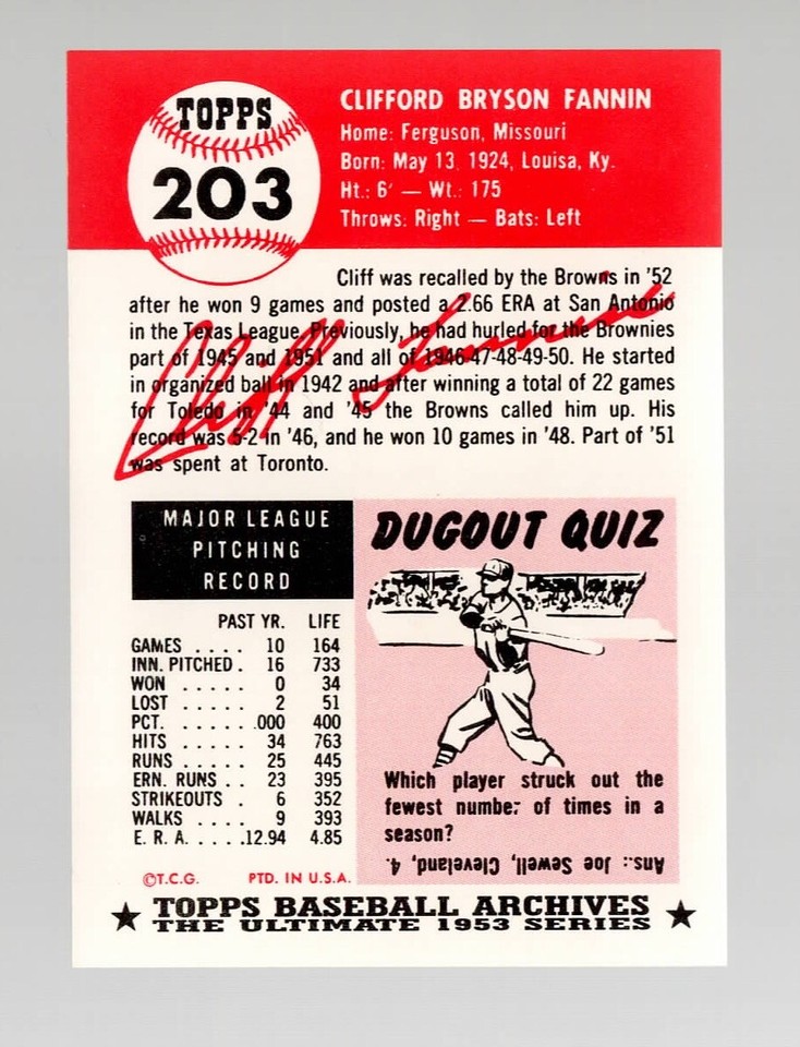 1991 Topps Archives 1953 #203 Cliff Fannin Mint | eBay