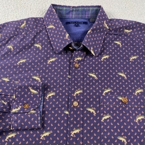 Ted Baker Button Up Shirt Men's Size 16 Small Purple Paisley Fish Print ...