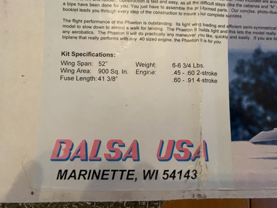 BALSA USA Phaeton II .60-.91 52” Wingspan Balsa RC Plane Kit | eBay