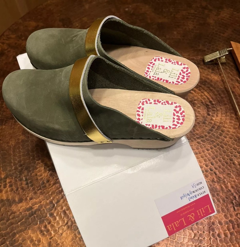 Lili And Lala Woman Clogs Wooden Gold Moss Green 39 NIB European made ...