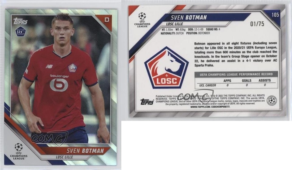 2021-22 Topps UCL Collection Silver Foil 1/75 Sven Botman #105 08dx | eBay