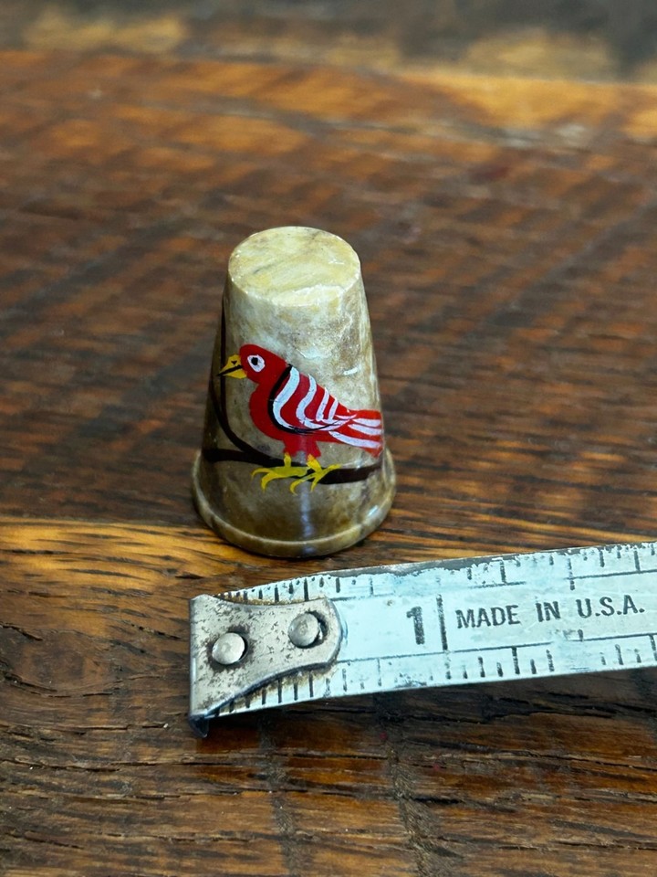 Vintage Hand-Painted Stone Thimble With Red Bird Design | eBay