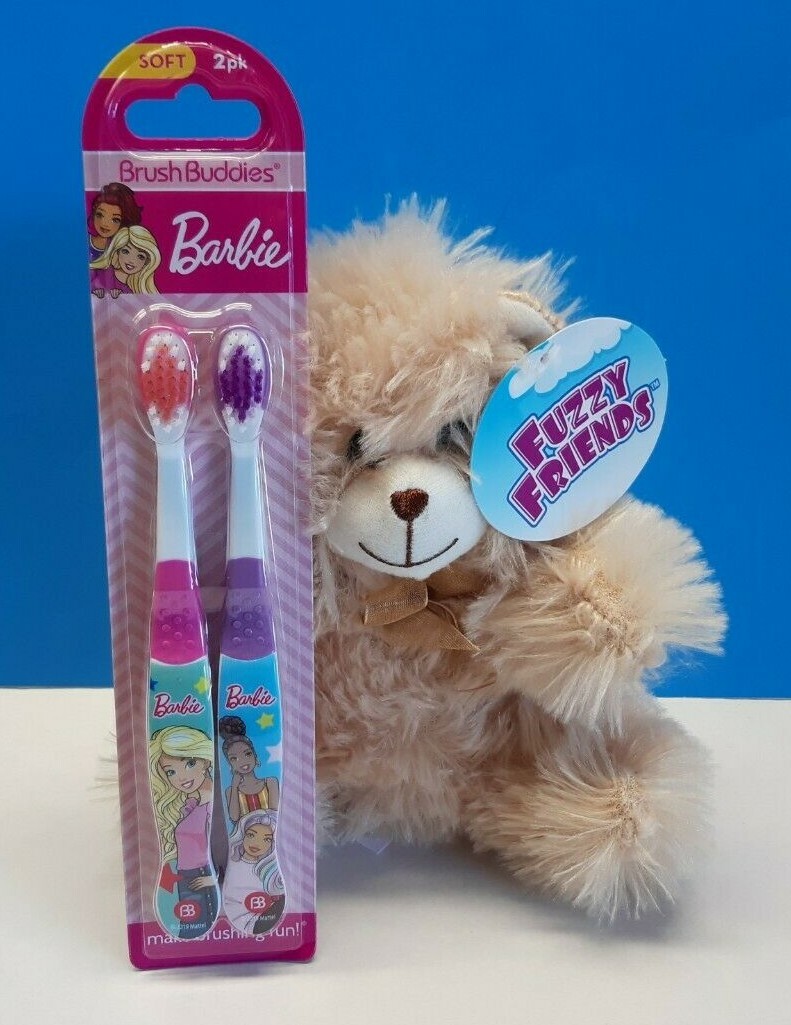 Barbie Brush Buddies Toothbrush 2 Pack Set Pink Soft Bristles Free Bear ...