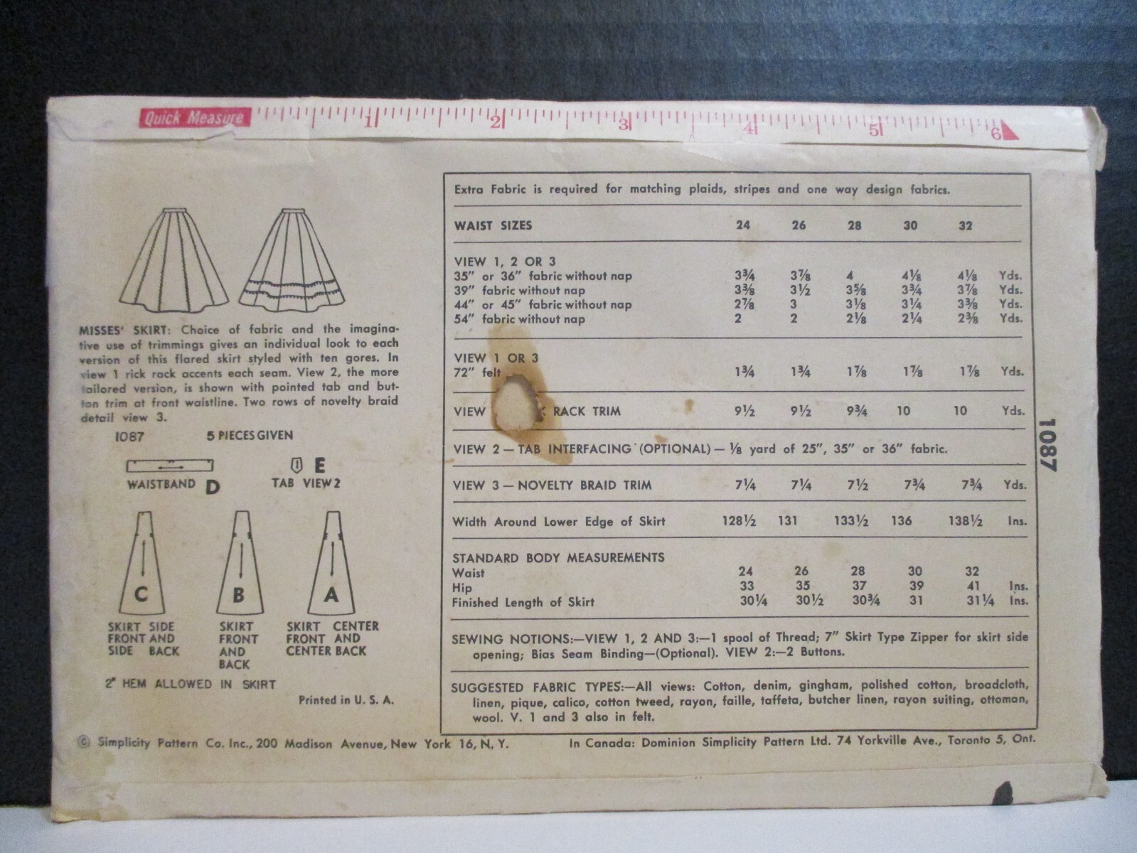 Simplicity Pattern 1087 Misses Flared Gore Skirt Size Waist 28" Hip 37 ...