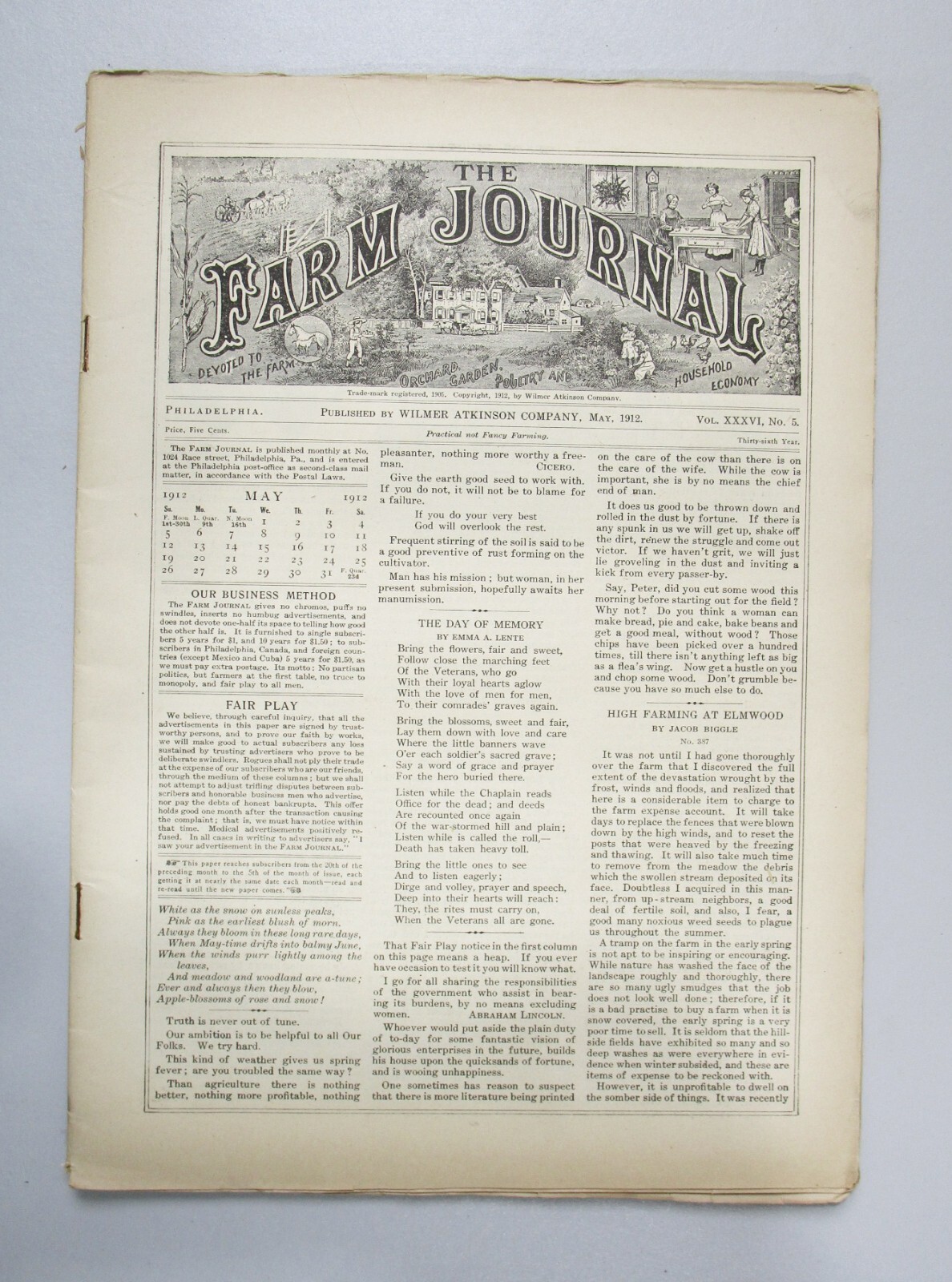 The Farm Journal Newspaper Vol. XXXVI, No.5 1912 Philadelphia Wilmer ...