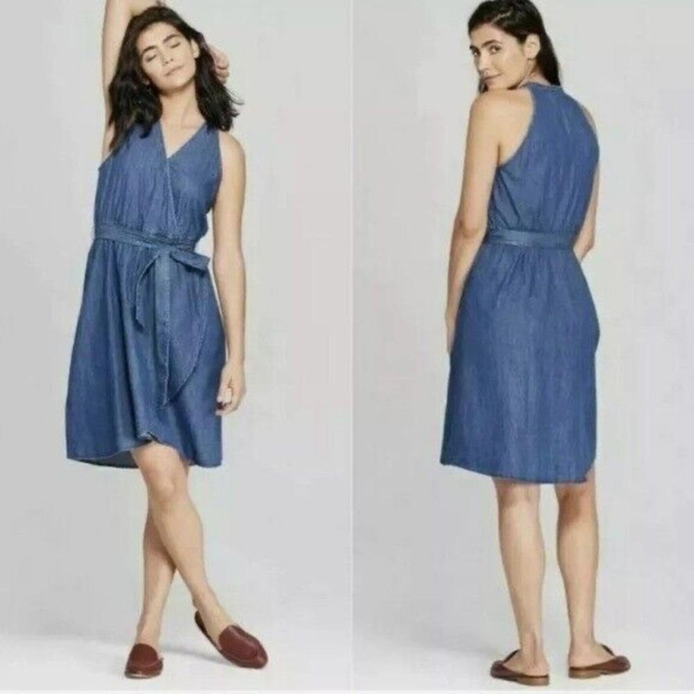 Universal Thread soft med denim sleeveless mock wrap … - Gem