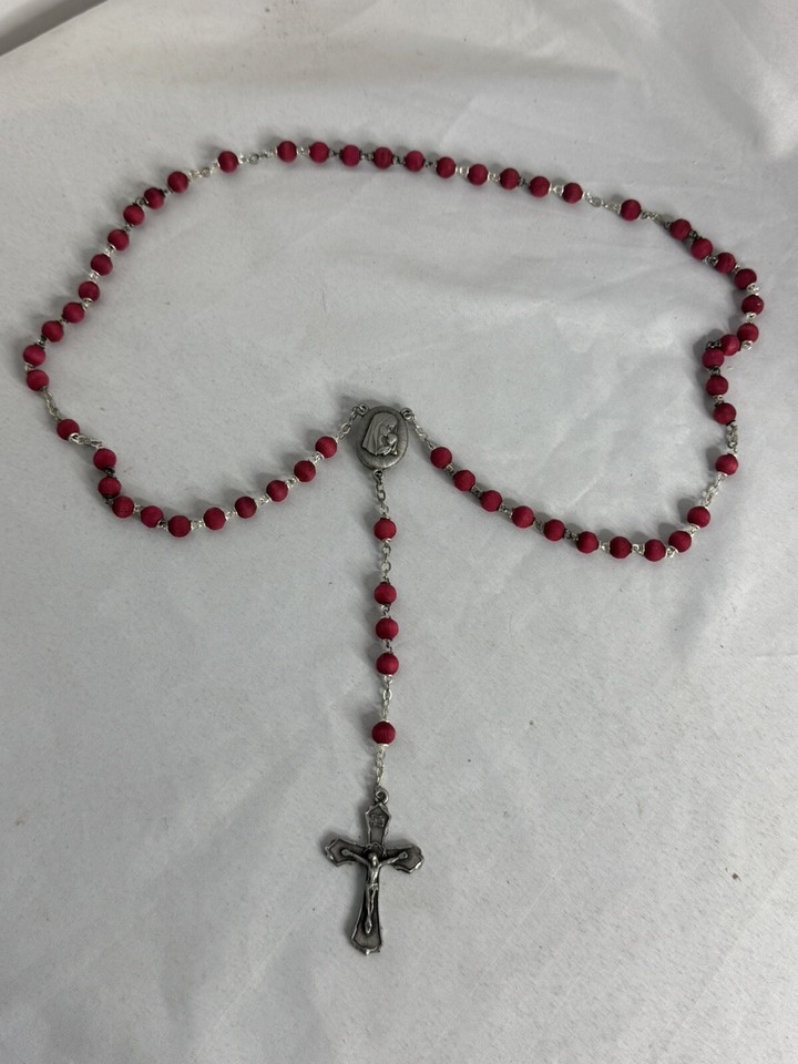 Vintage Red Bead INRI Jesus Crucifix Cross Pendant Rosary Necklace with ...