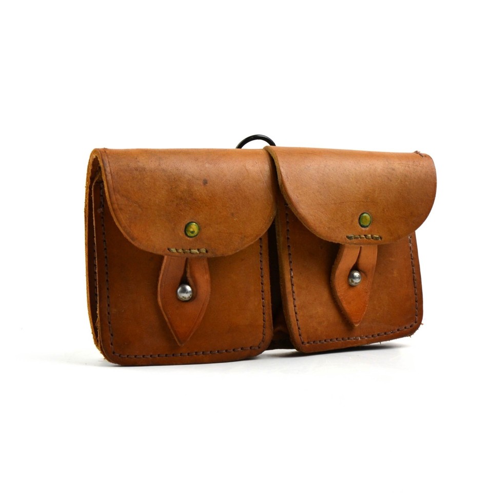 Original French army magazine pouch Brown leather ammo dual bag mag | eBay