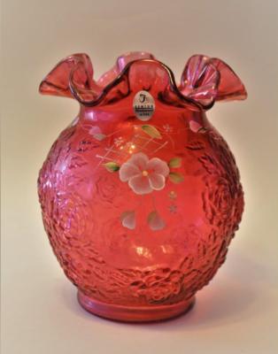 FENTON Hand Painted by Griffiths Cranberry Glass Embossed ROSE 6 1/2"h ...