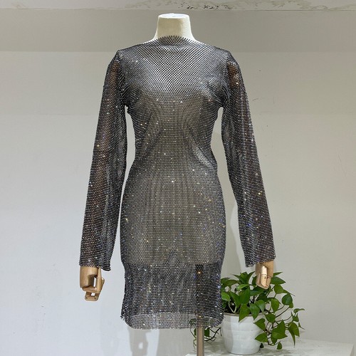 Women Sheer Mesh Dress Long Sleeve Rhinestone Fishnet Mini Bodycon ...