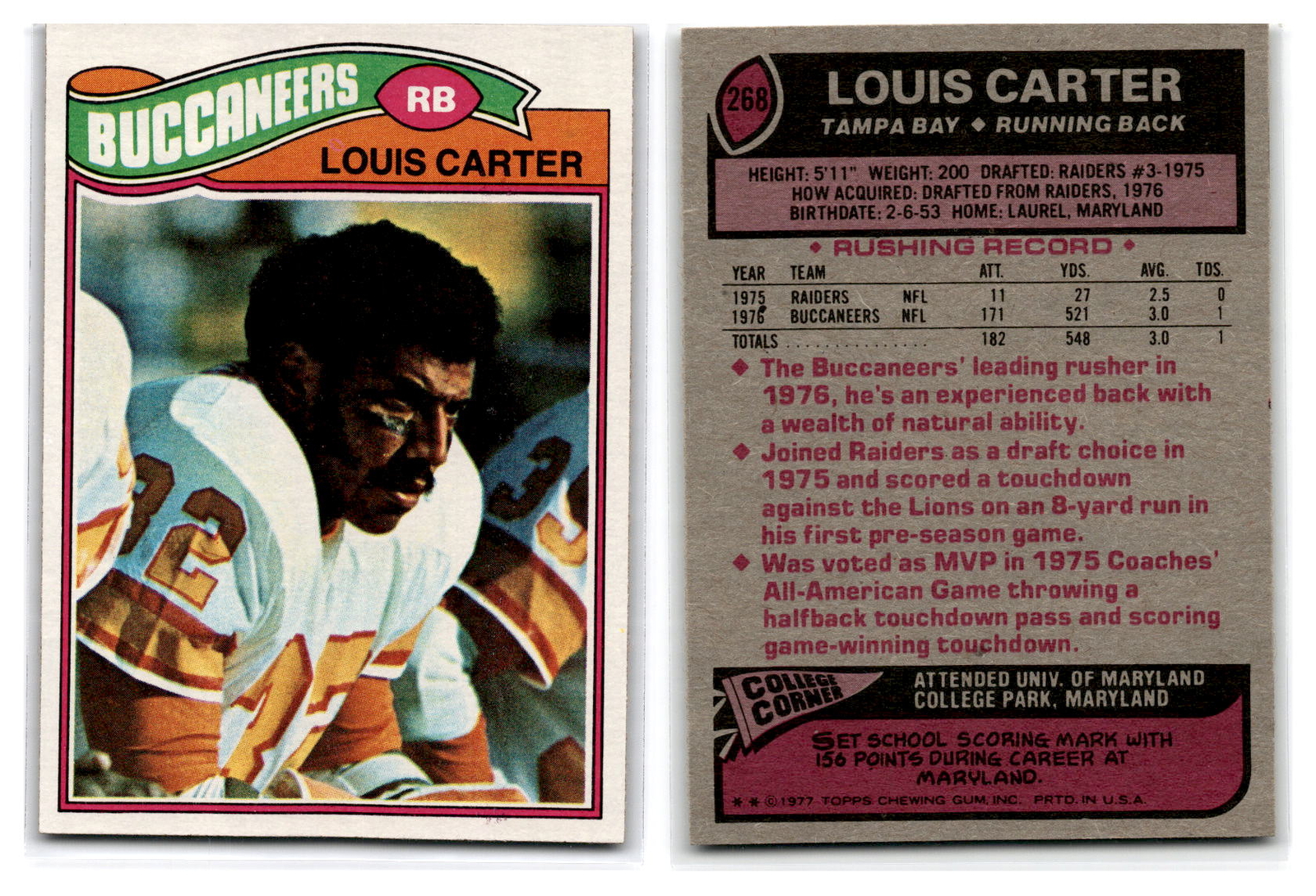 1977 Topps #268 Louis Carter RC EXMT/NM - Tampa Bay Buccaneers | eBay