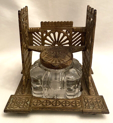 Vintage Gold Tone Cast Iron Inkwell Stand Pen Rack Victorian Desk Top ...