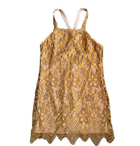 WAYF Dress Womens L Crochet Lace Floral Sleeveless Yellow Flapper Sheer ...