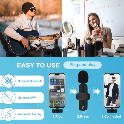 Wireless Microphone for iPhone 16 Max 15, Mini Lavalier Microphone USB ...