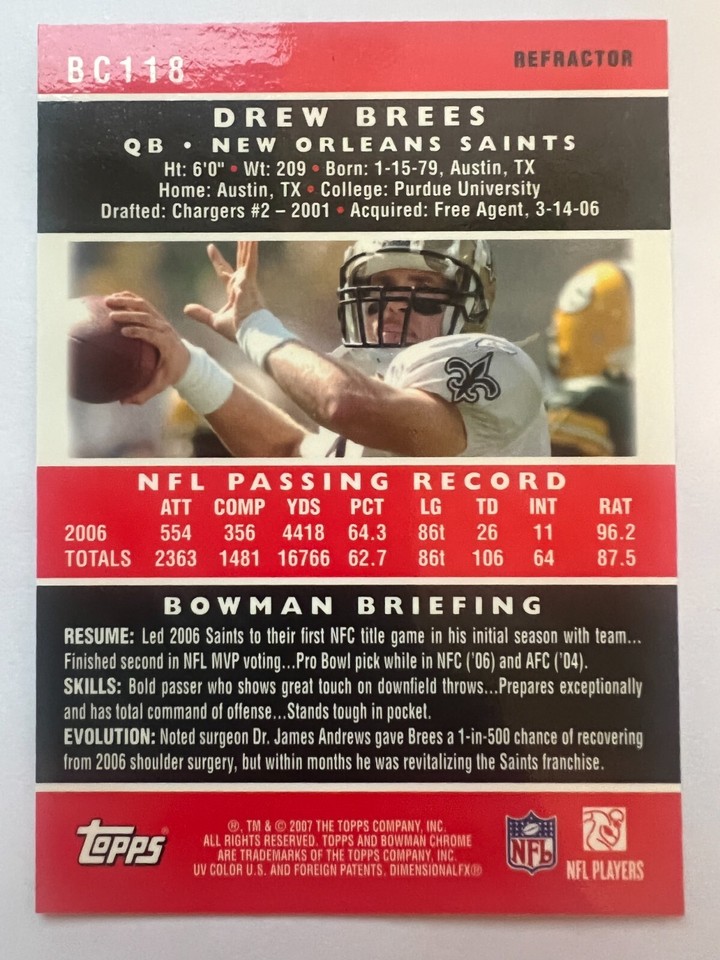 DREW BREES Refractor! 2007 TOPPS BOWMAN CHROME #BC118 Saints | eBay
