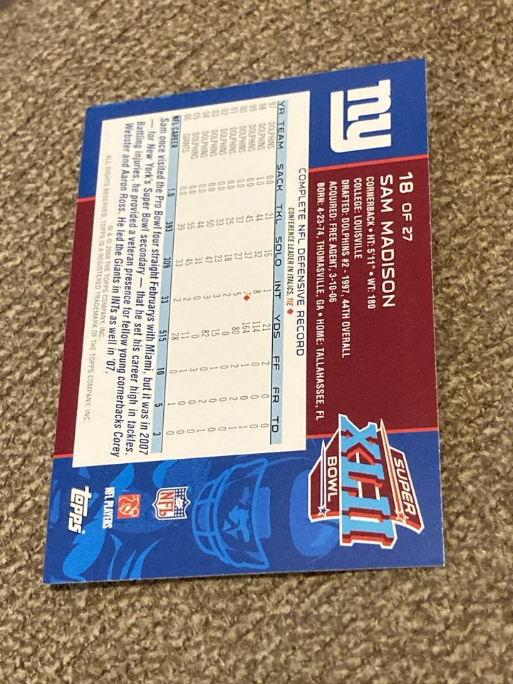 2007 Topps Football Super Bowl XLII Sam Madison #18 New York Giants | eBay