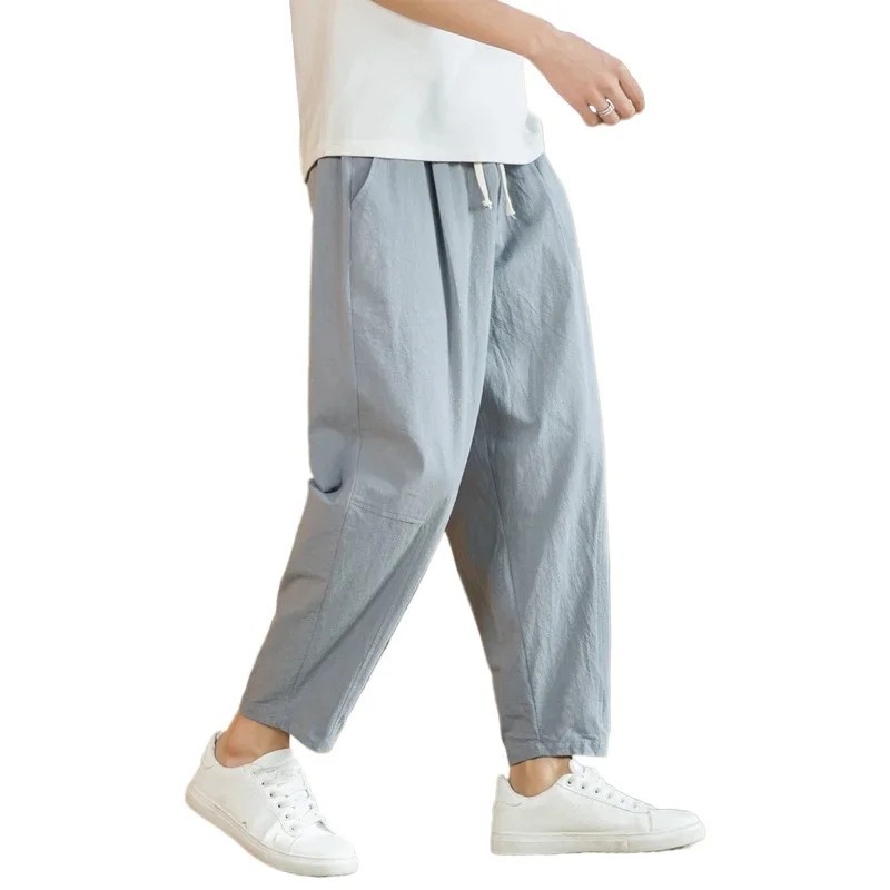 Men's Breathable Cotton Linen Drawstring Harem Pants Loose Korean Style ...