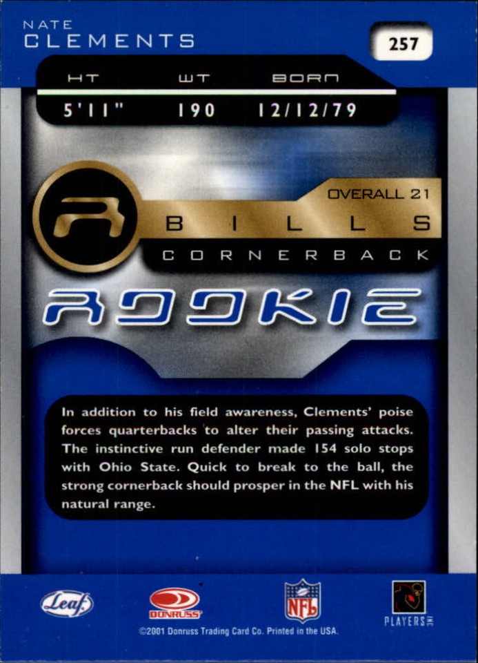 2001 Quantum Leaf Football Card #257 Nate Clements Rookie | eBay