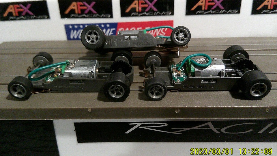 3 AFX RACING H.O. SCALE MEGA G+ 1.7 NARROW CHASSIS WITH GRAY 5 SPOKE ...