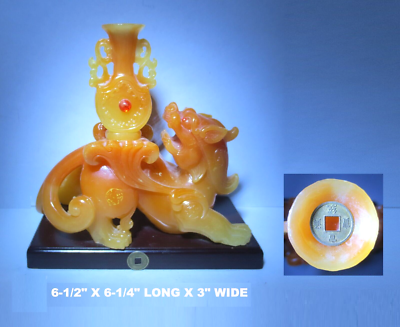 FENGSHUI "GOLDEN AMBER" FAUX RESIN FOO DOG LION BEAST, COINS CUP ...