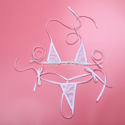 Womens Sheer Micro Mini Lingerie Set Halter Self-Tie Bra Top with G ...