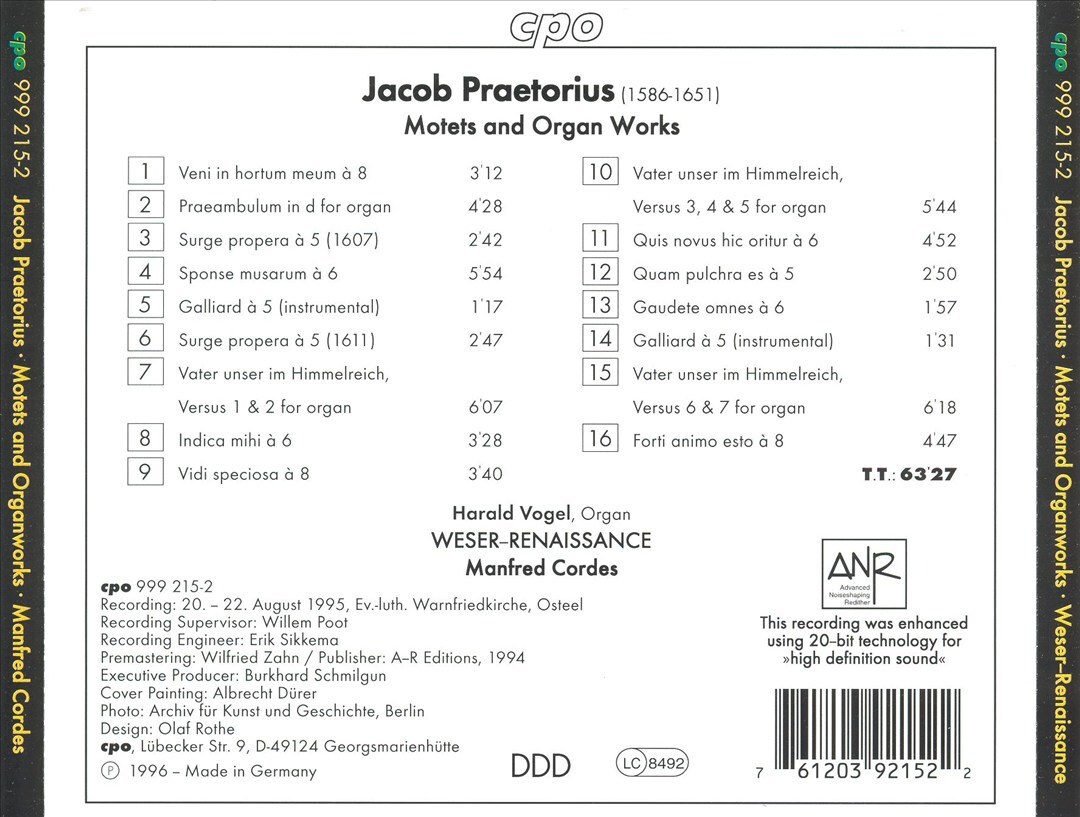 MANFRED CORDES JACOB PRAETORIUS: MOTETS & ORGAN WORKS NEW CD ...