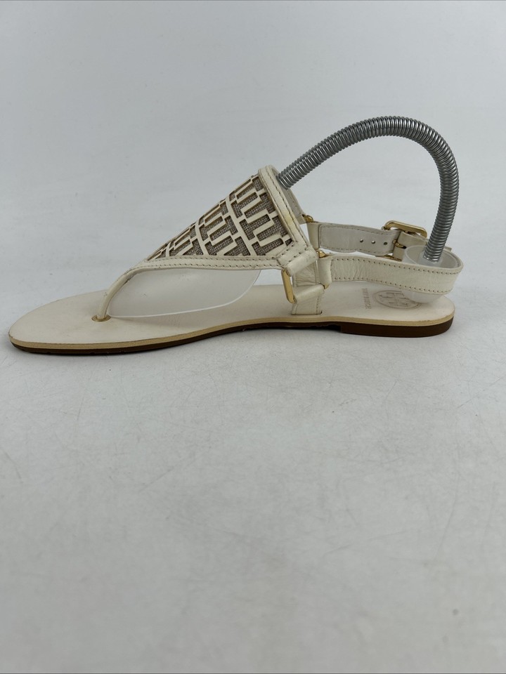 Tory Burch Ivory Leather Sandals Miller Gold Tone Accents Adjustable ...