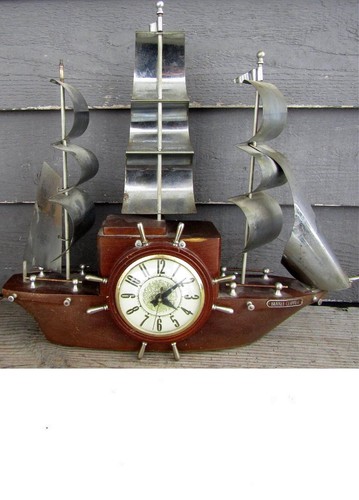 OLD YANKEE CLIPPER WOOD w/ CHROME SAILS SHIP CLOCK w/ LANSHIRE CLOCK ...