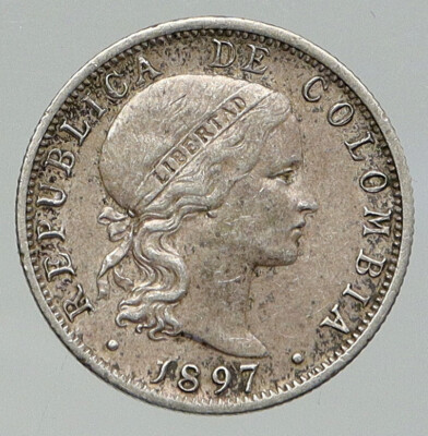 1897 COLUMBIA Liberty Shield ANTIQUE VINTAGE OLD Silver 10 Centavos ...