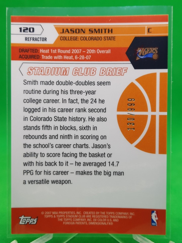 Jason Smith 2007-08 Stadium Club Chrome Rookie Refractors #120 /999 NBA ...