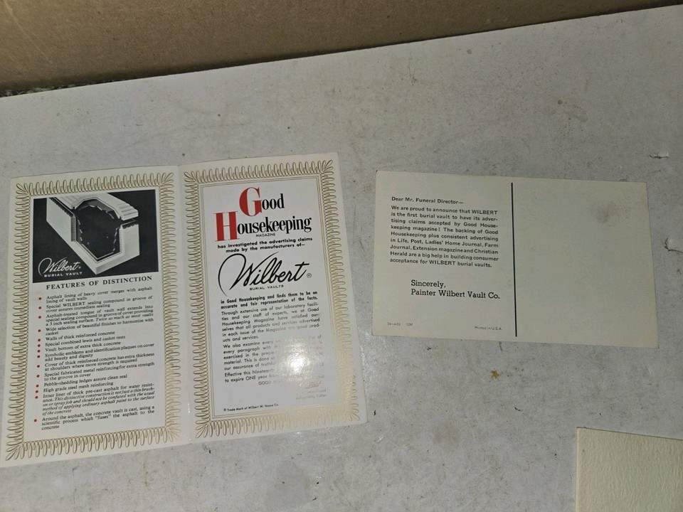 9 Vintage 50s/60s/70s Wilbert Vault,Casket,Coffin,Paperwork,Post Cards ...