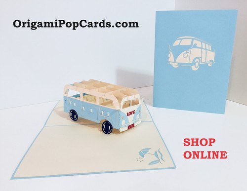 ORIGAMI POP CARDS Super Cute VW Blue Kombi 3D Thank You Pop Up Greeting ...