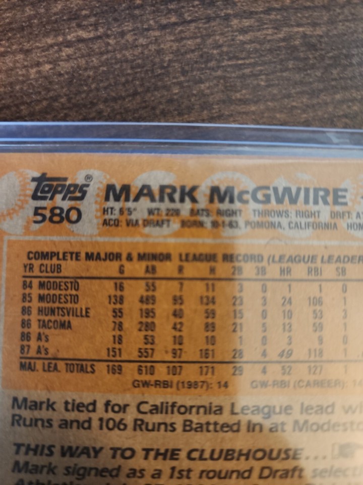 Mark McGwire All-Star Rookie #580 ‘88 Topps Baseball (Error Card ...