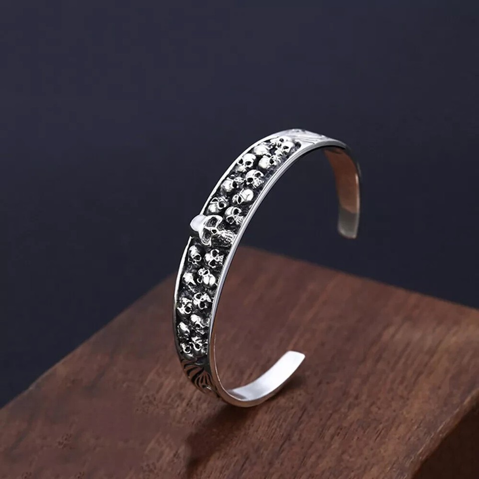 Real Solid 925 Sterling Silver Cuff Bracelet Skeletons Skull Open ...