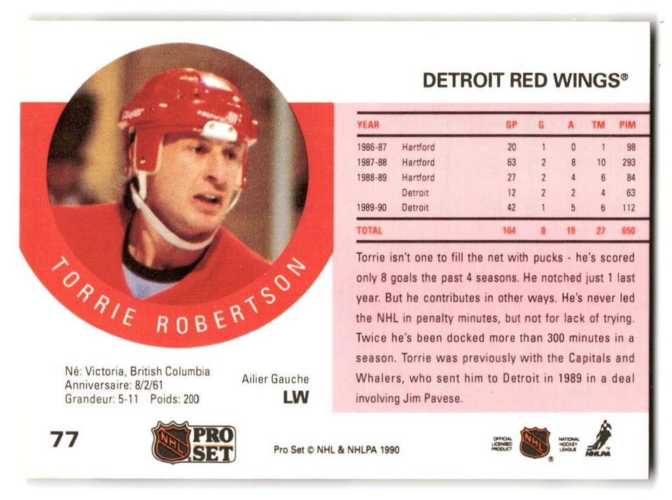 Torrie Robertson 1990 Pro Set HOCKEY #77 Detroit Red Wings | eBay